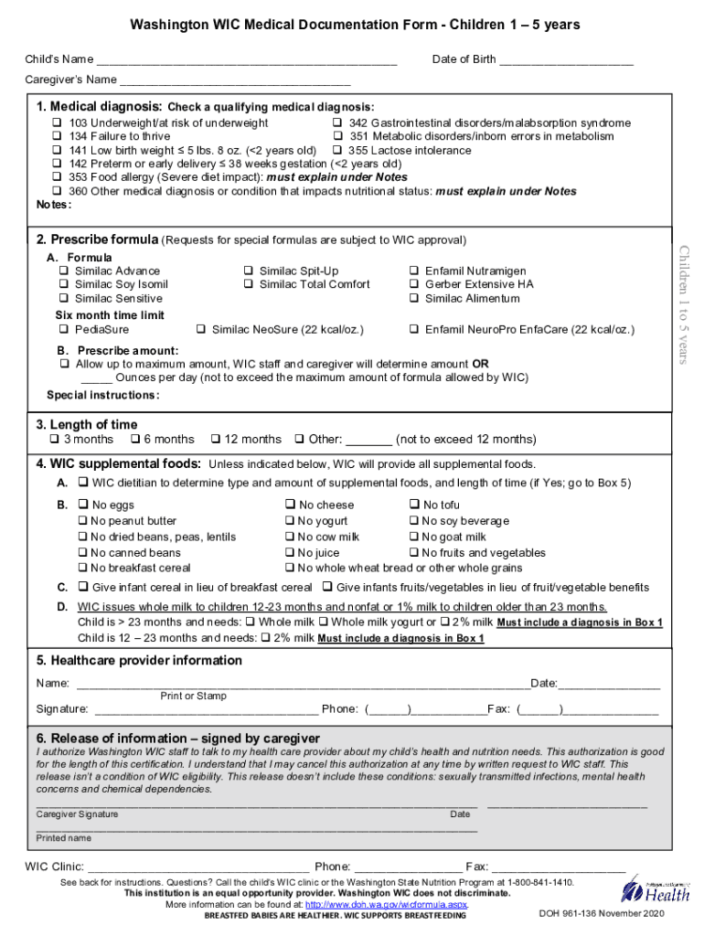 Fillable Online Washington WIC Medical Documentation Form - Children 15 ...
