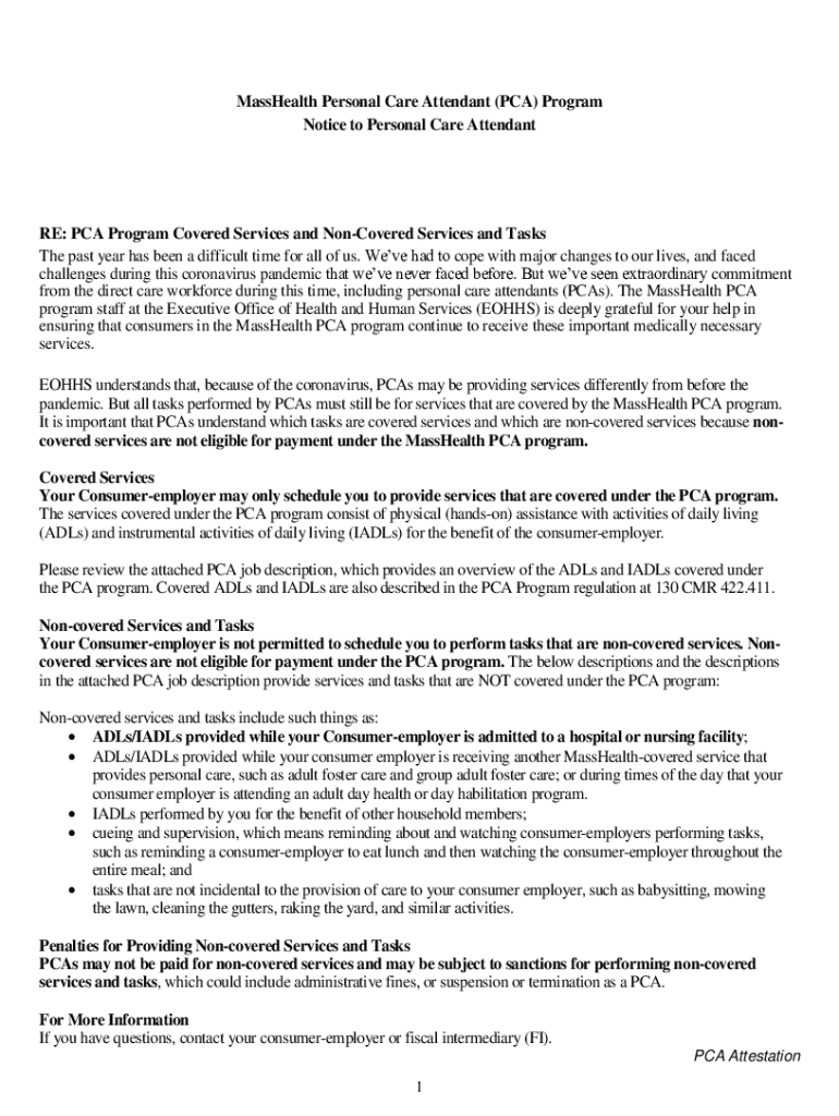 Fillable Online MassHealth: Personal Care Attendant (PCA) Services Fax ...
