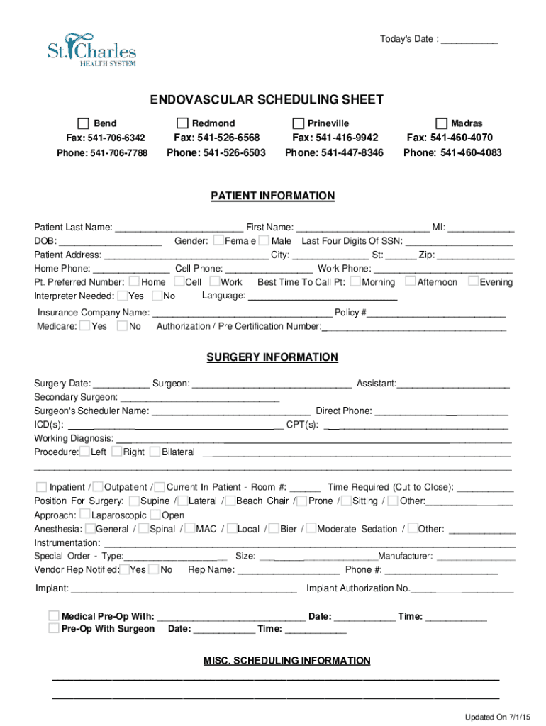 Fillable Online ENDOVASCULAR SCHEDULING SHEET Fax Email Print - pdfFiller