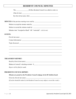 Fillable Online The Hi-Rise Resident Council was called to order on Fax ...