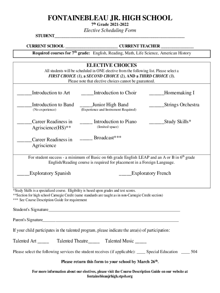 Fillable Online fontainebleaujunior stpsb St. Tammany Parish Public ...