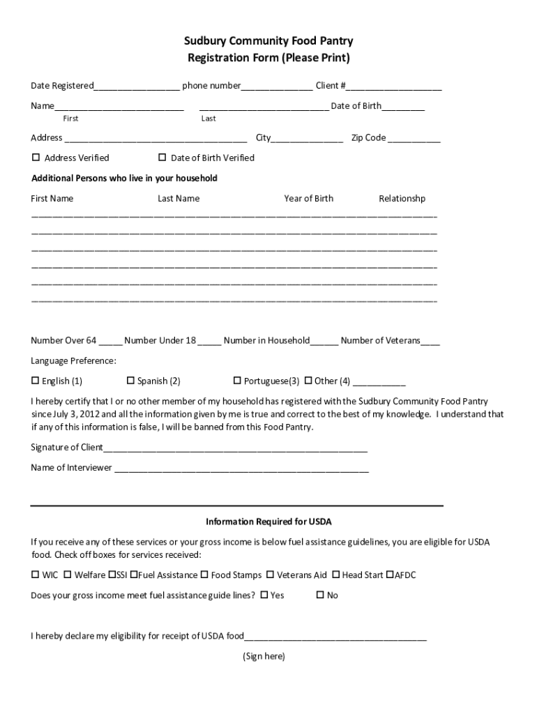 Fillable Online Sudbury Community Food Pantry Registration Form (Please ...