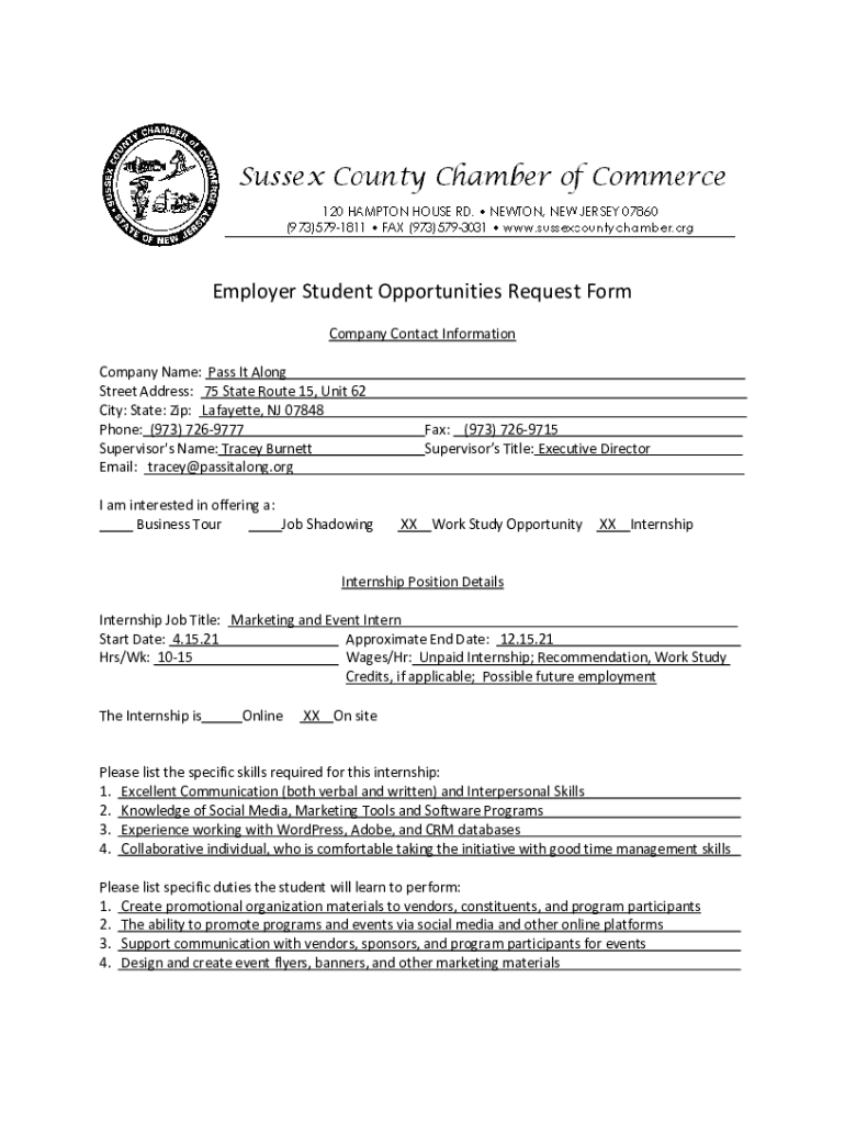 Fillable Online Employer Student Opportunities Request Form Fax Email ...