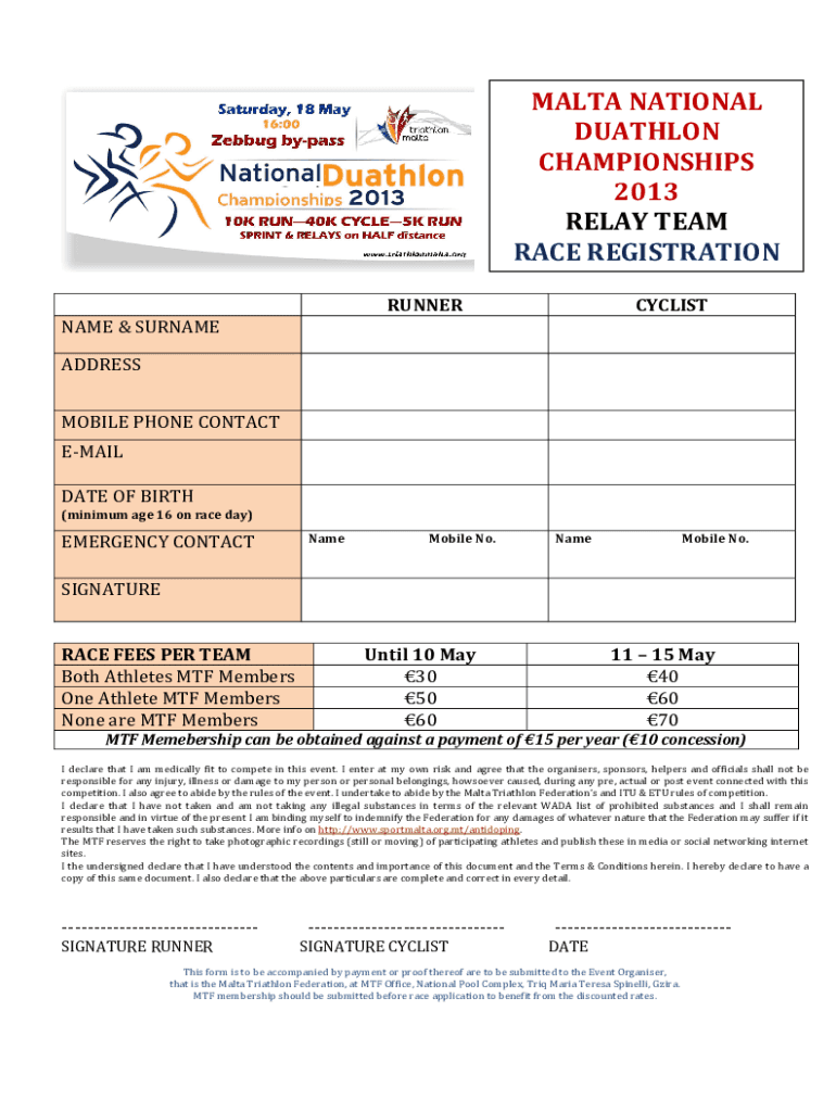 Fillable Online Malta National Duathlon Championships 2013 RELAY Race ...