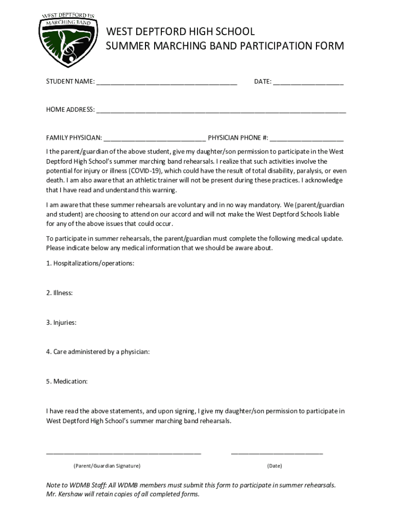 Fillable Online WEST DEPTFORD HIGH SCHOOL SUMMER MARCHING BAND ...