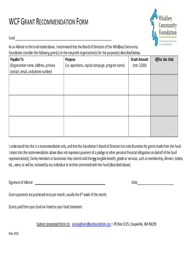 Fillable Online WCF Grant Recommendation Form Fax Email Print - pdfFiller