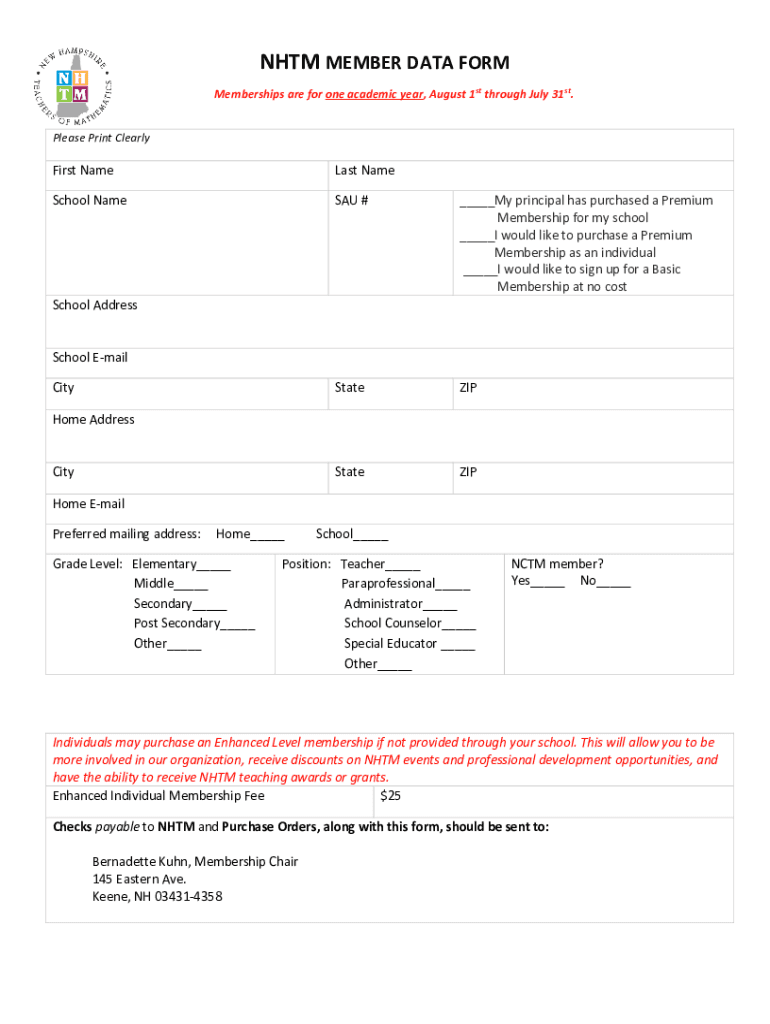 Fillable Online NHTM MEMBER DATA FORM Fax Email Print - pdfFiller