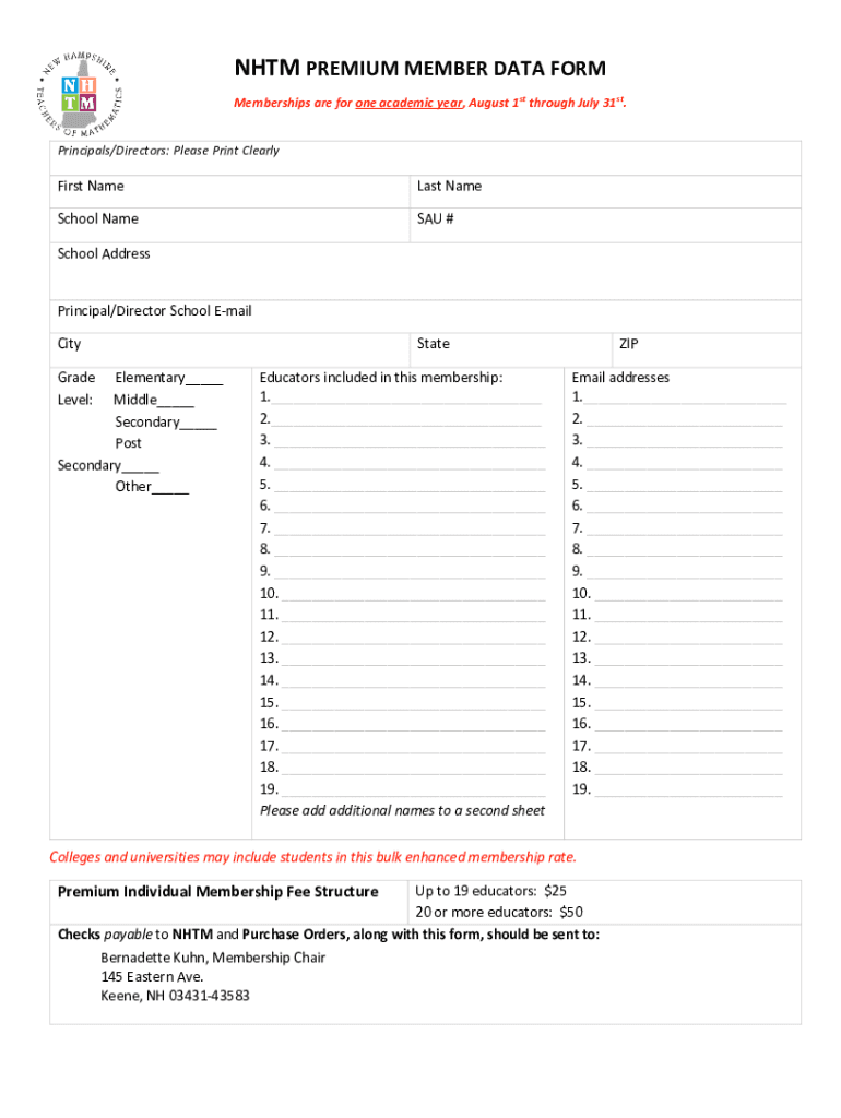 Fillable Online NHTM PREMIUM MEMBER DATA FORM Fax Email Print - pdfFiller