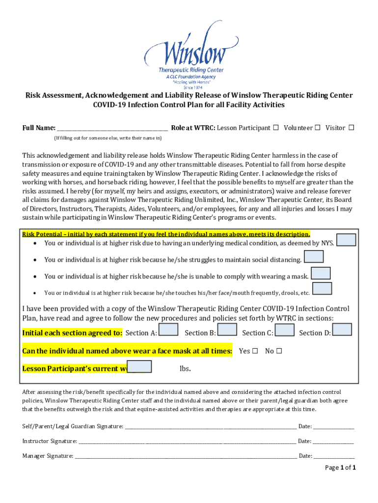 Fillable Online Risk Assessment, Acknowledgement and Liability Release ...