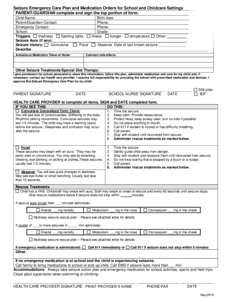 Fillable Online Seizure Emergency Care Plan and Medication Orders for ...