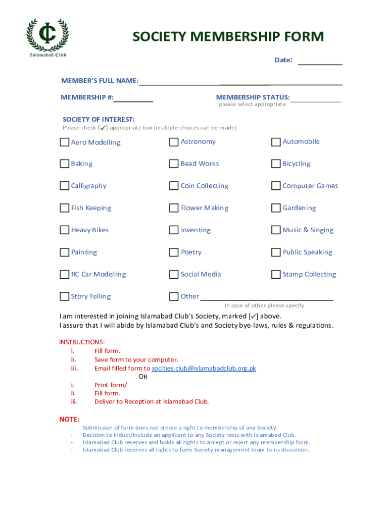 Fillable Online islamabadclub org IC Society Membership Form Fax Email ...
