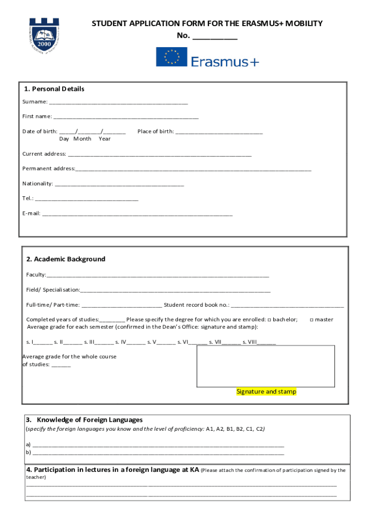 Fillable Online STUDENT APPLICATION FORM FOR THE ERASMUS+ MOBILITY No ...