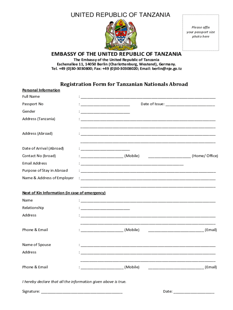 Fillable Online Registration Form for Tanzanian ... - de.tzembassy.go ...