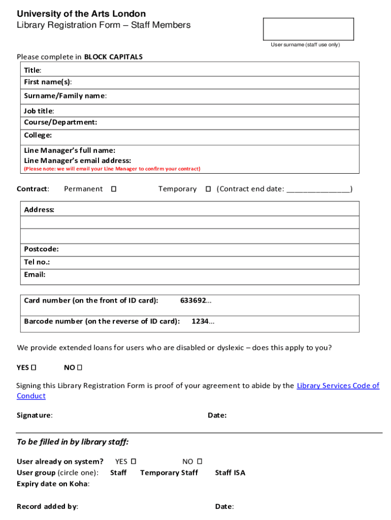 Fillable Online University of the Arts London Library Registration Form ...