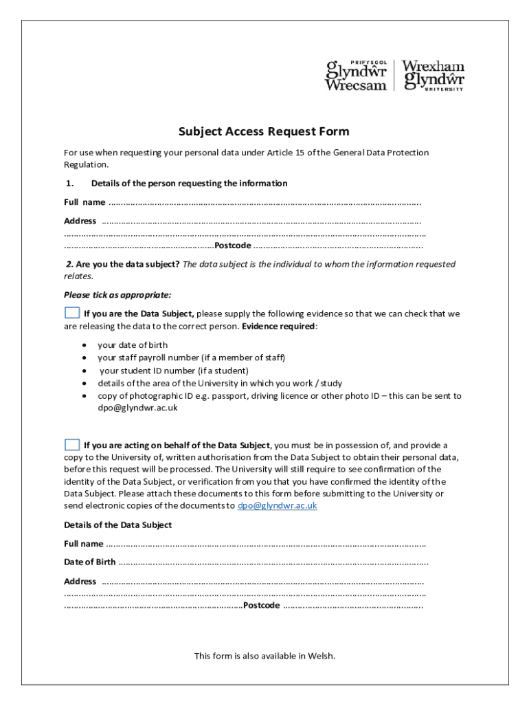 Fillable Online Subject Access Request - Template, Sample Form ...