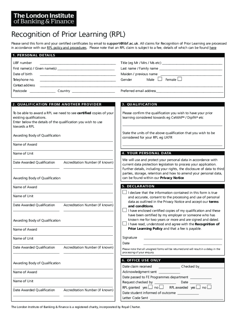 Fillable Online Recognition of Prior Learning (RPL) Form Fax Email ...