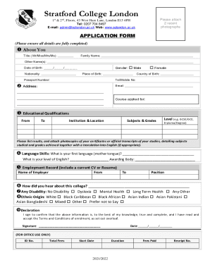 Fillable Online Application FormsStratford College London Fax Email ...