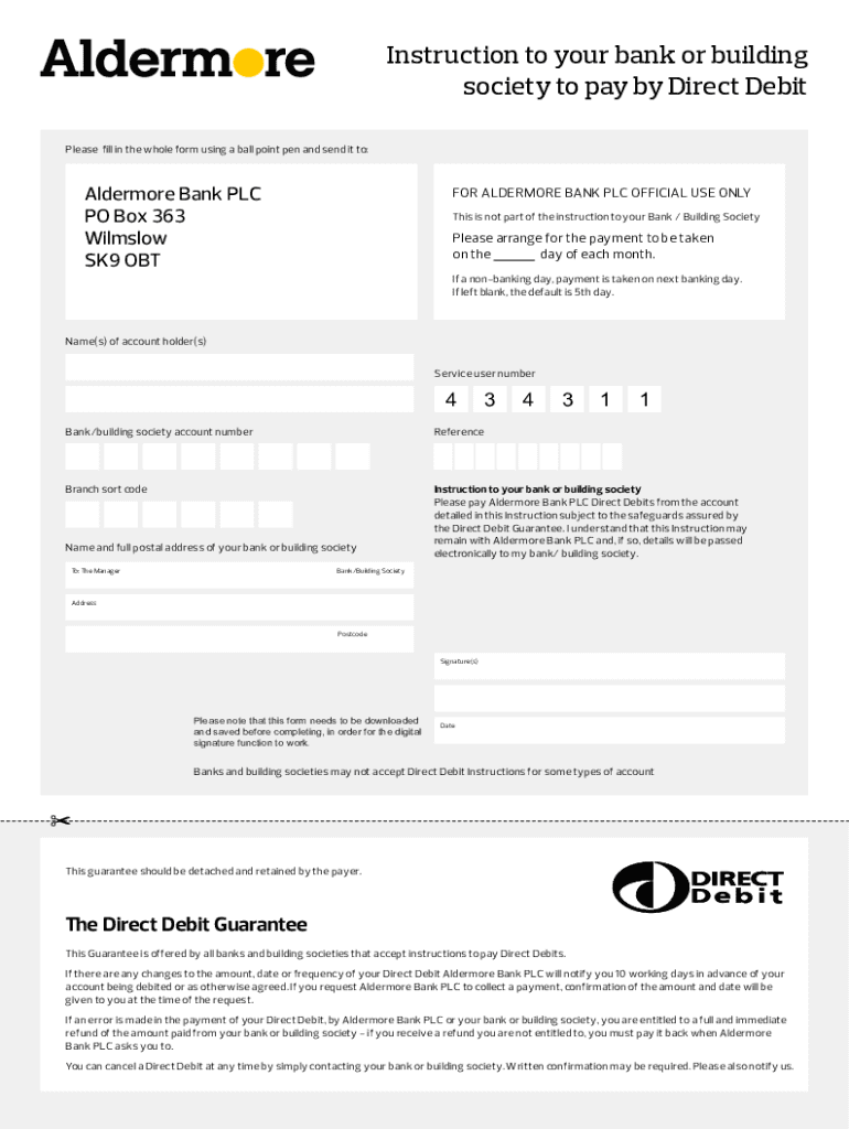 Fillable Online Aldermore Residential Direct Debit and Declaration Form ...