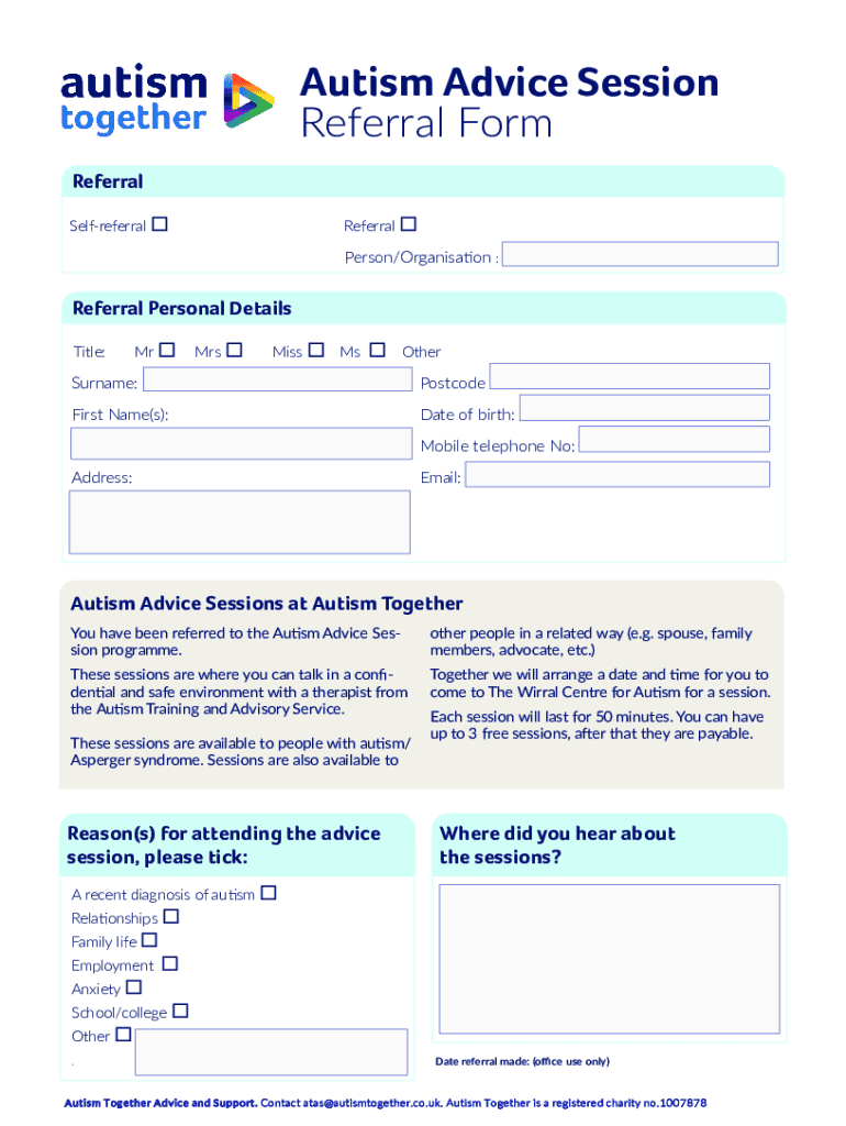 Fillable Online Autism Advice Session Referral Form Fax Email Print ...