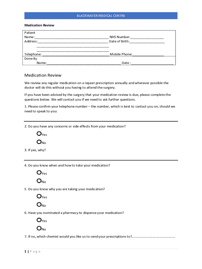 Fillable Online Medication Review Form - BLACKWATER MEDICAL CENTRE Fax ...