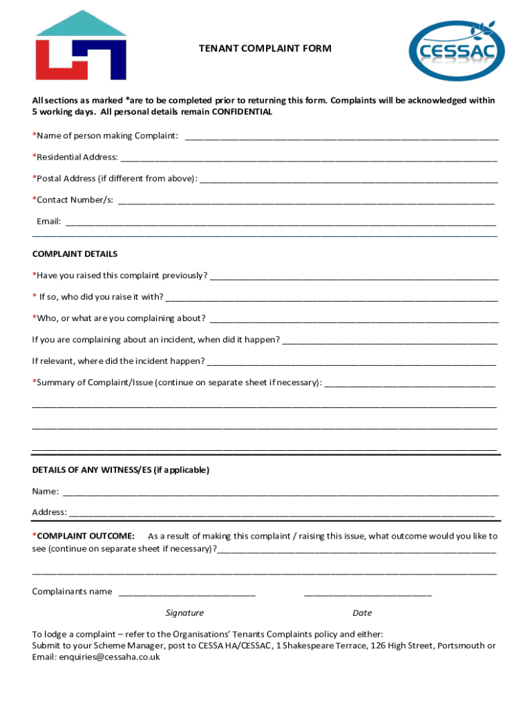 Fillable Online TENANT COMPLAINT FORM - CESSA HA Fax Email Print ...