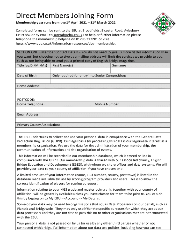 Fillable Online Direct Junior Members Joining Form - EBU Fax Email Print - pdfFiller