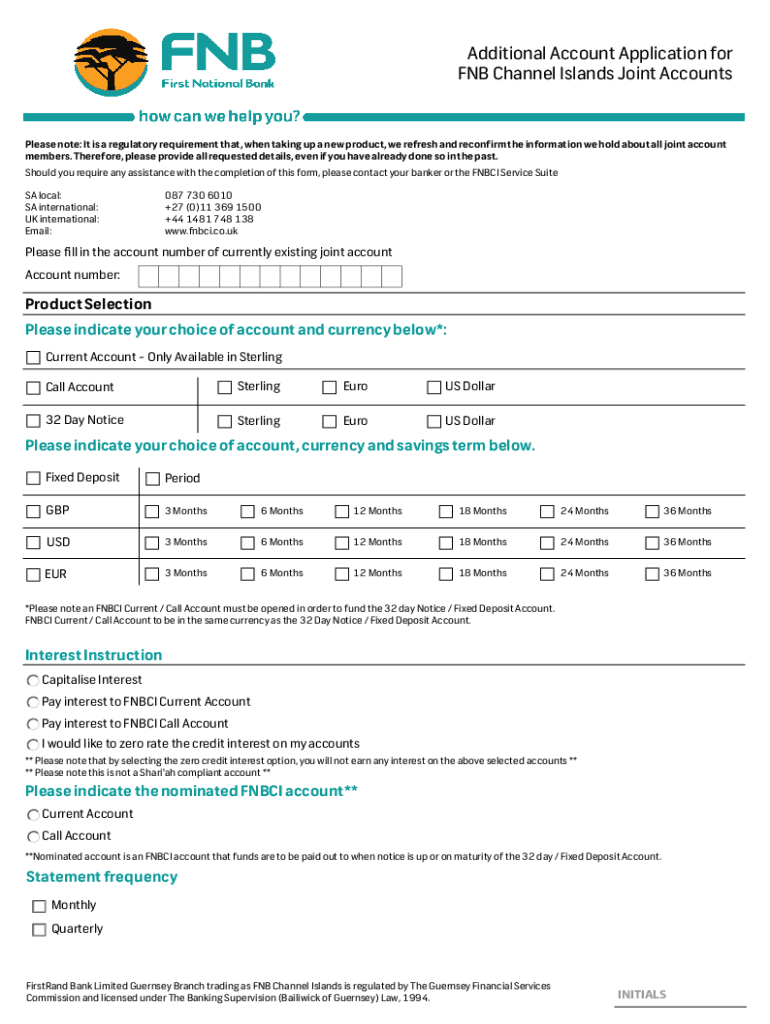 Fillable Online Additional Account Application for FNB Channel Islands ...