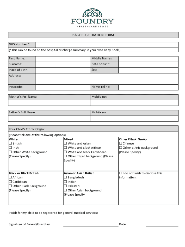 Fillable Online Foundry - New Baby Registration Form.xlsx Fax Email ...