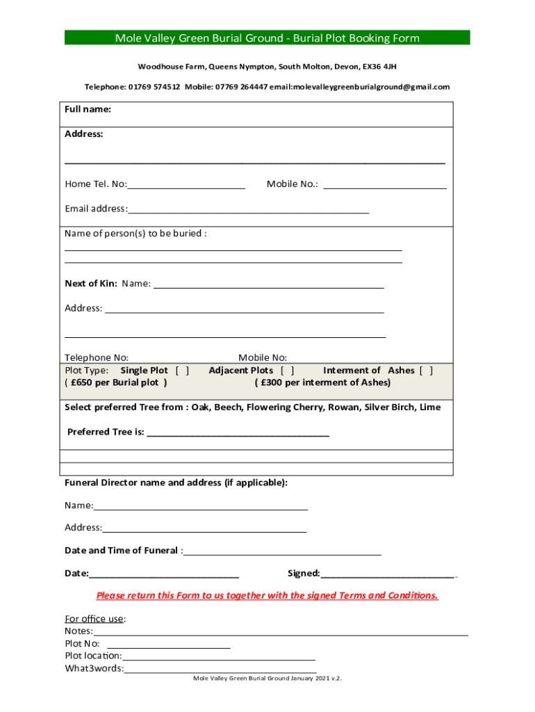 Fillable Online Mole Valley Green Burial Ground - Burial Plot Booking ...