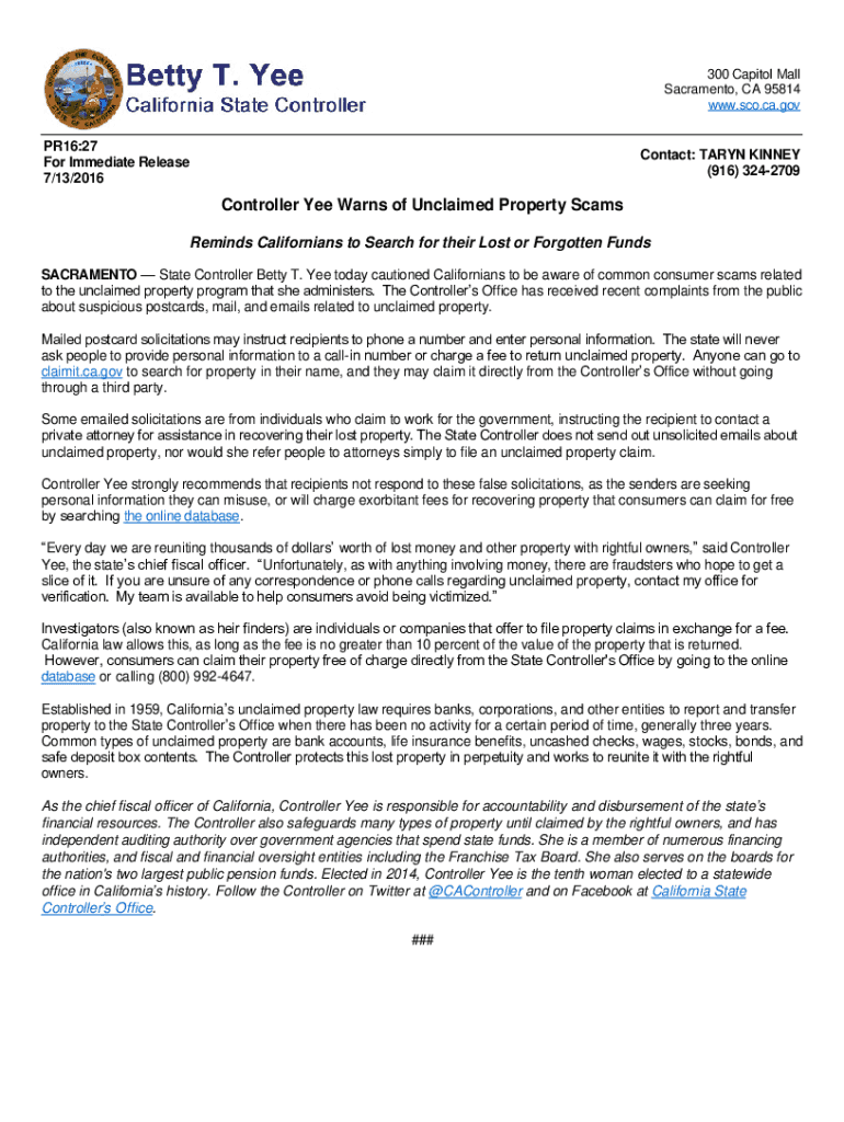 Fillable Online Controller Yee Warns of Unclaimed Property Scams ...