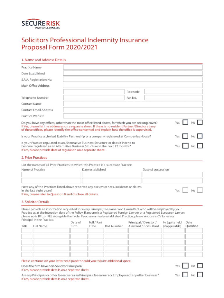 Fillable Online Solicitors Professional Indemnity Insurance Proposal ...