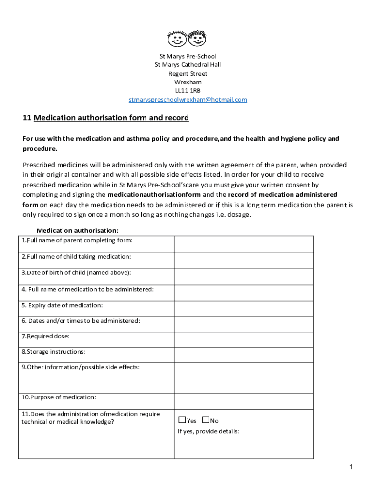Fillable Online Medication authorisation form and record Fax Email ...