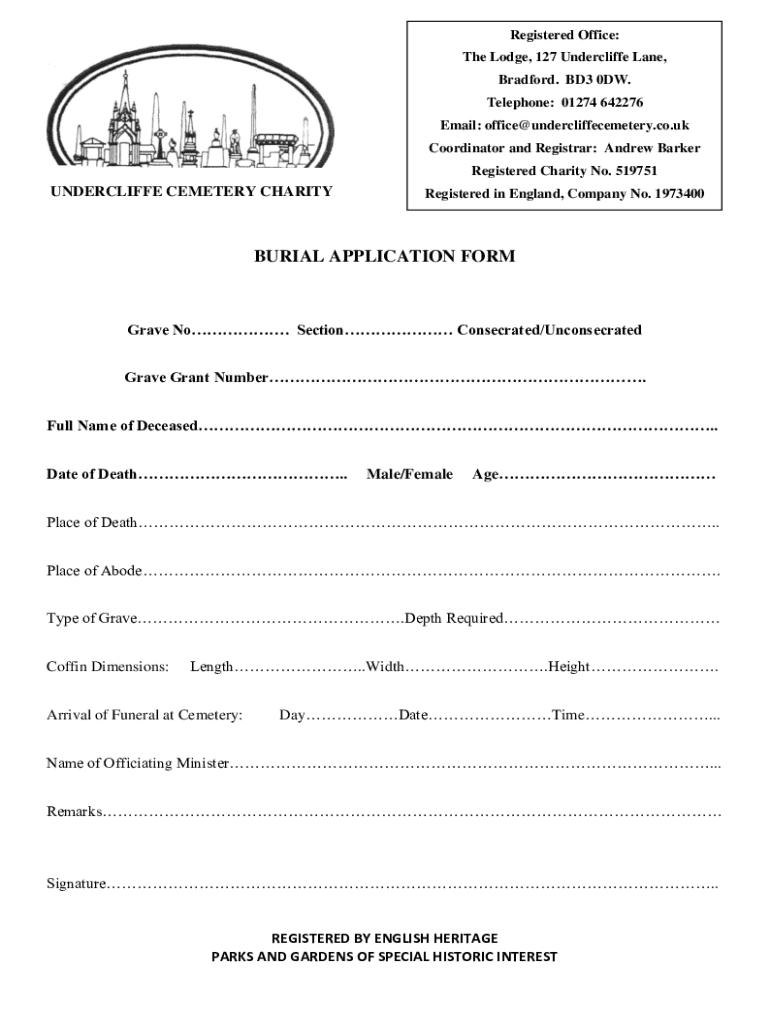 Fillable Online BURIAL APPLICATION FORM - The Lodge, Bradford Fax Email ...