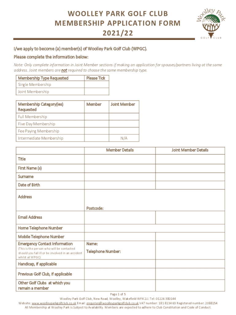 Fillable Online Woolley Park golf clubmembership application form2021 ...