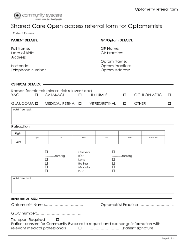 Fillable Online Shared Care Open access referral form for Optometrists ...
