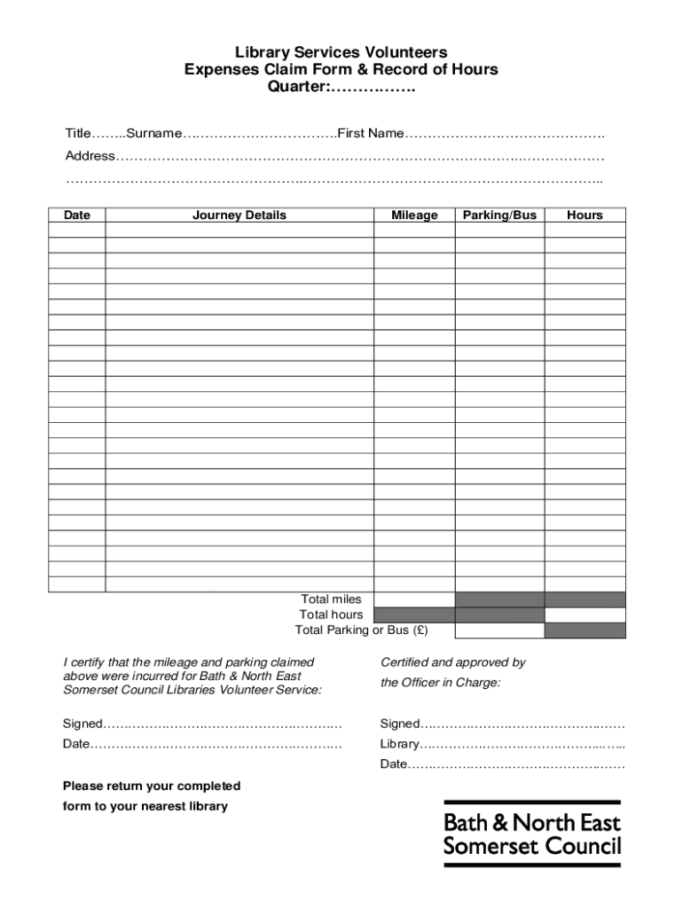 Fillable Online Library Volunteers Expenses Claim Form Fax Email Print ...