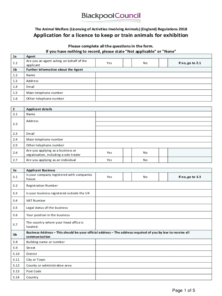 Fillable Online 20/0315/AA ANIMAL ACTIVITIES LICENCE THE ANIMAL WELFARE ...