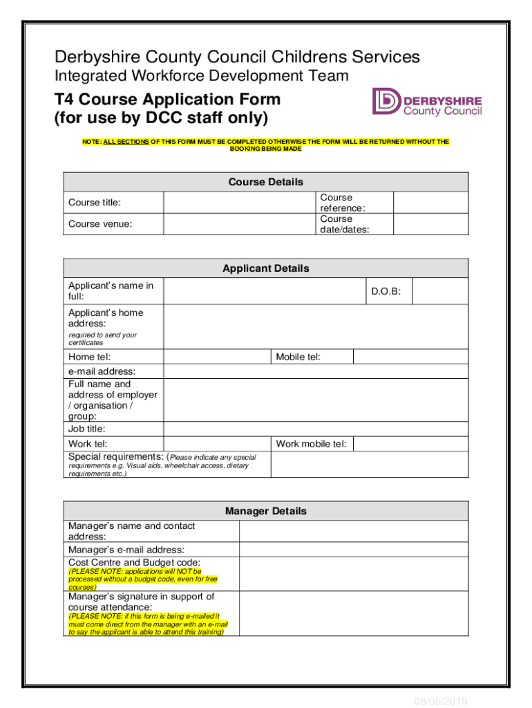 Fillable Online T4 course application form for Derbyshire County ...