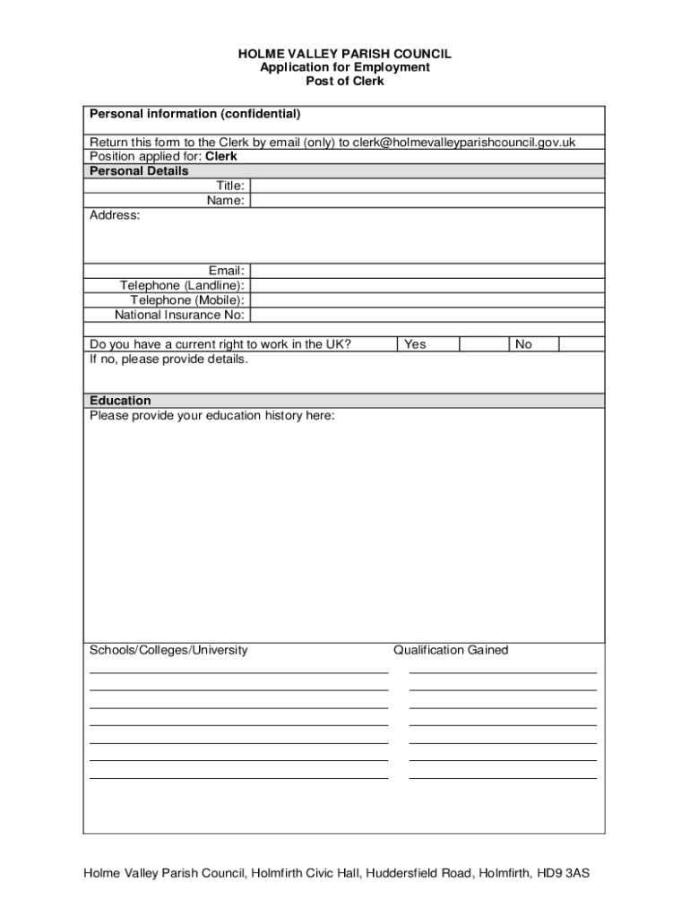 Fillable Online HOLME VALLEY PARISH COUNCIL Application for Employment ... Fax Email Print ...