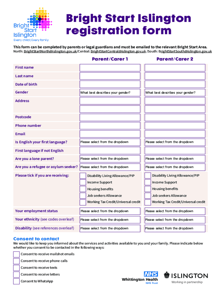Fillable Online Bright Start Islington registration form Fax Email ...