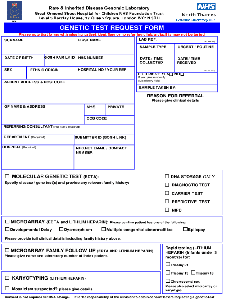 Fillable Online GENETIC TEST REQUEST FORM - Great Ormond Street ...