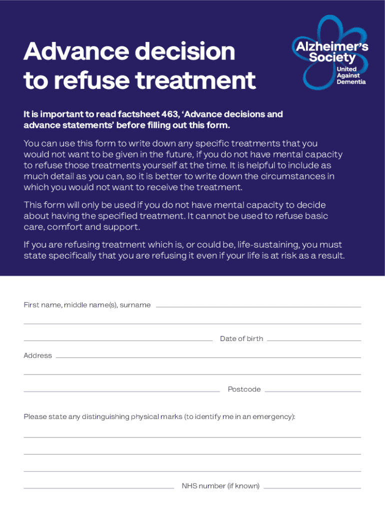 Fillable Online Advance decisions to refuse treatmentAdvance decisions ...