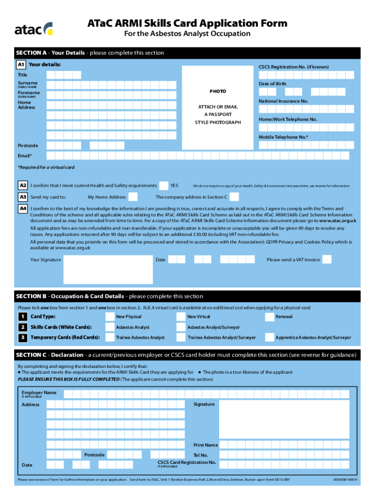 Fillable Online ATaC ARMI Skills Card Application Form - ARCA Fax Email ...