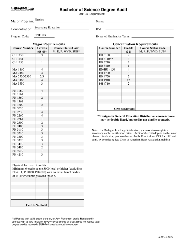 Fillable Online Bachelor of Science Degree Check Sheet - MTU Fax Email ...