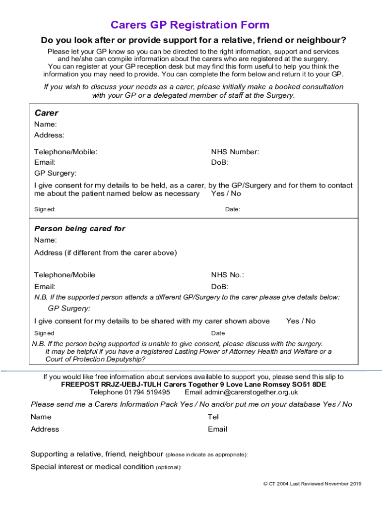 Fillable Online Register as a Carer: Carers Information ServiceGP ...
