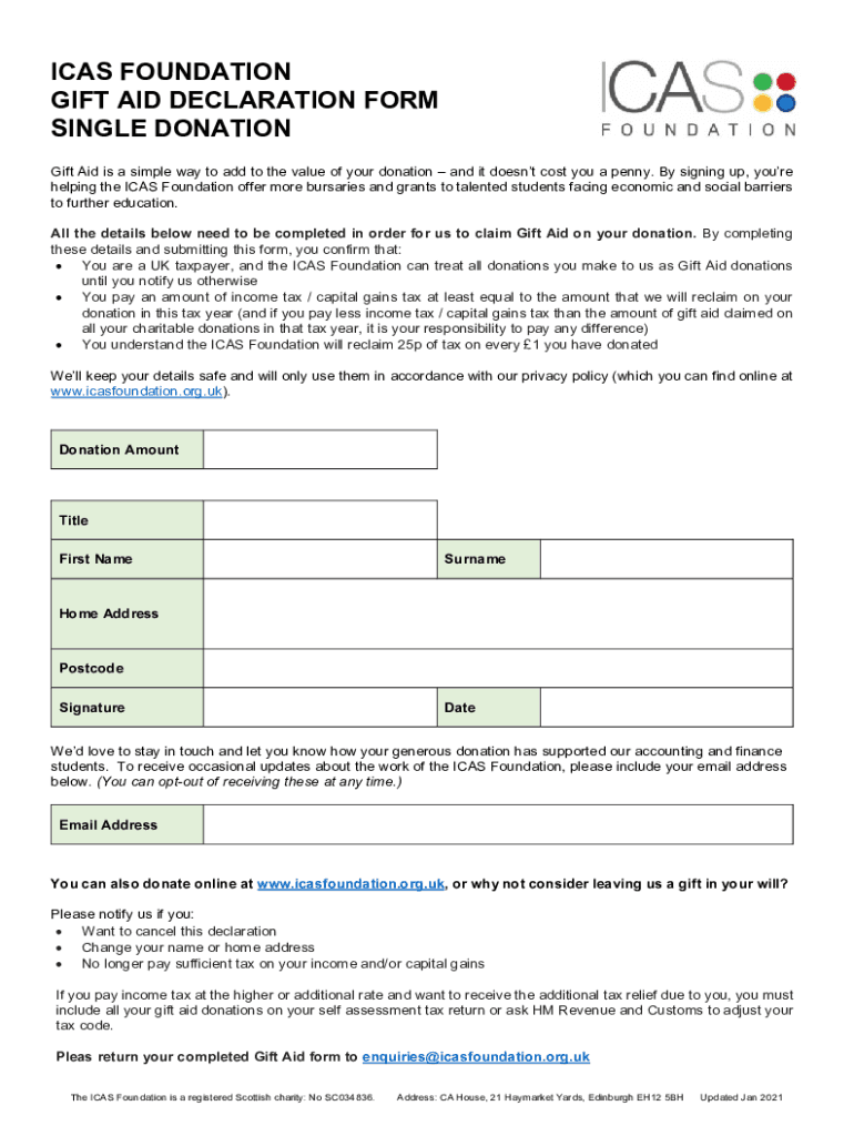 Fillable Online ICAS FOUNDATION GIFT AID DECLARATION FORM SINGLE DONATION Fax Email Print ...