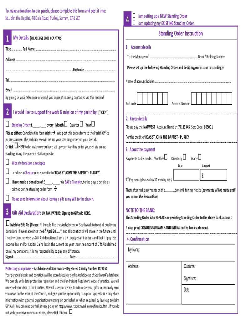 Fillable Online Purley Pledge Form - St John the Baptist Catholic ...