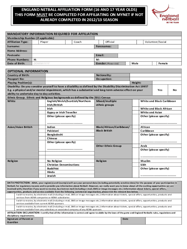 Fillable Online Fillable Online england netball affiliation form (under ...