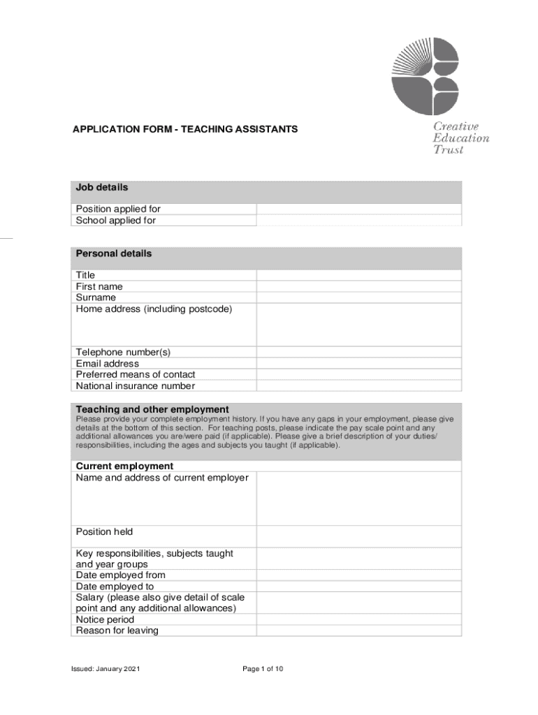 Fillable Online 5+ Teacher Application Form Templates - PDFFree ...