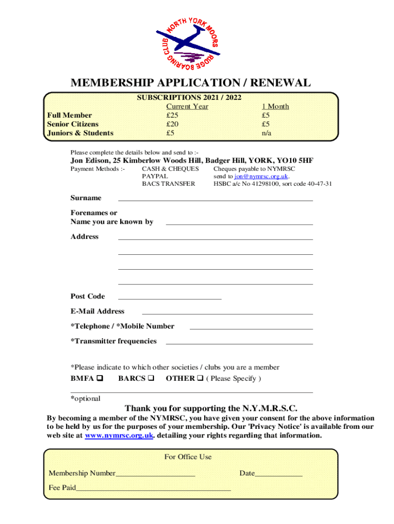 Fillable Online Renewal of Membership and New Membership for the year ...